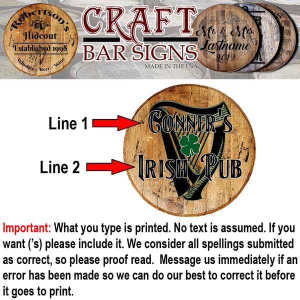 Craft Bar Signs | Irish Pub Shamrock Harp Personalized Irish Bar Sign